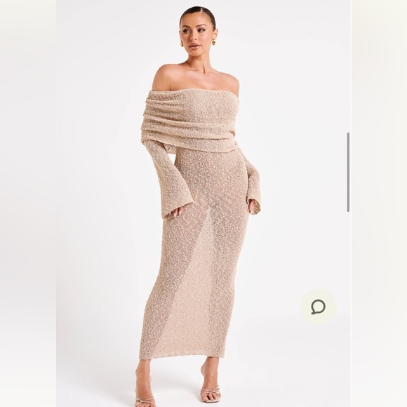 Meshki | Dresses | Meshki Marisol Off Shoulder Boucle Maxi Dress Wheat ...